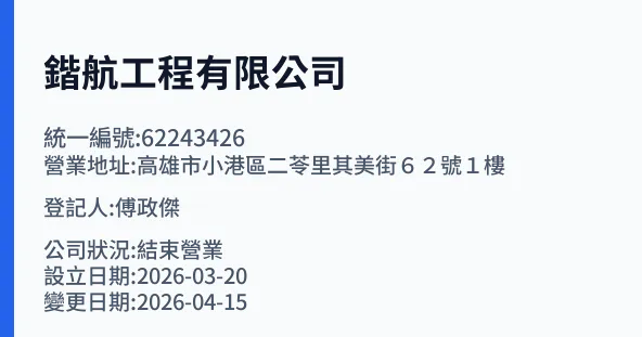 鍇航工程有限公司的照片-統編 62243426(高雄市) 公司登記資料與營業項目詳細圖表