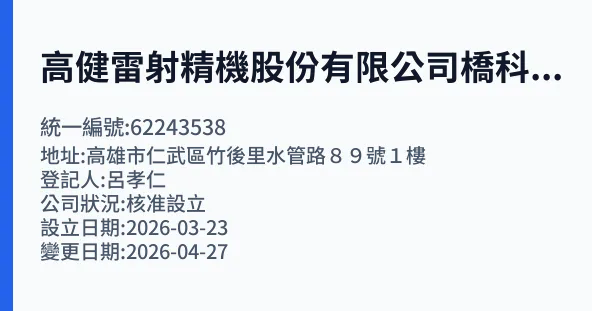 高健雷射精機股份有限公司橋科分公司的照片-統編 62243538(高雄市) 公司登記資料與營業項目詳細圖表