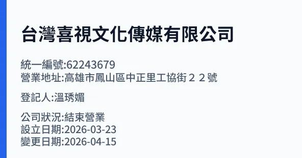 台灣喜視文化傳媒有限公司的照片-統編 62243679(高雄市) 公司登記資料與營業項目詳細圖表