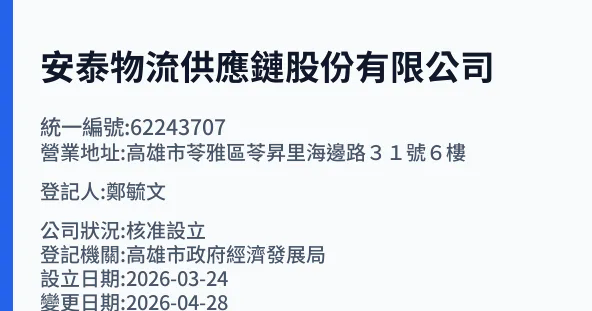 安泰物流供應鏈股份有限公司的照片-統編 62243707(高雄市) 公司登記資料與營業項目詳細圖表