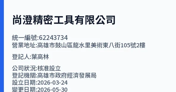 尚澄精密工具有限公司的照片-統編 62243734(高雄市) 公司登記資料與營業項目詳細圖表
