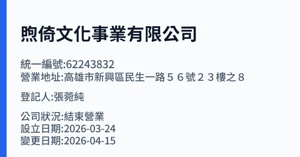 煦倚文化事業有限公司的照片-統編 62243832(高雄市) 公司登記資料與營業項目詳細圖表