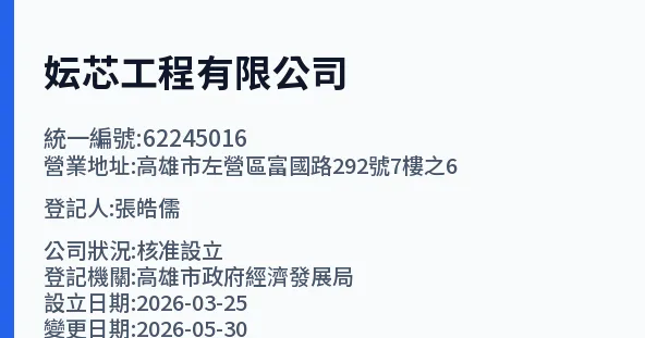 妘芯工程有限公司的照片-統編 62245016(高雄市) 公司登記資料與營業項目詳細圖表