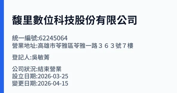馥里數位科技股份有限公司的照片-統編 62245064(高雄市) 公司登記資料與營業項目詳細圖表