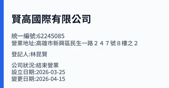 賢高國際有限公司的照片-統編 62245085(高雄市) 公司登記資料與營業項目詳細圖表