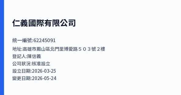 仁義國際有限公司的照片-統編 62245091(高雄市) 公司登記資料與營業項目詳細圖表
