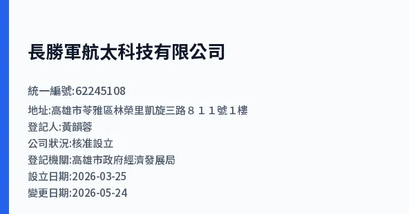 長勝軍航太科技有限公司的照片-統編 62245108(高雄市) 公司登記資料與營業項目詳細圖表