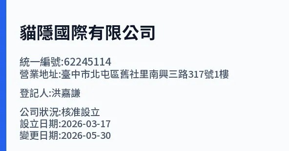 貓隱國際有限公司的照片-統編 62245114(臺中市) 公司登記資料與營業項目詳細圖表