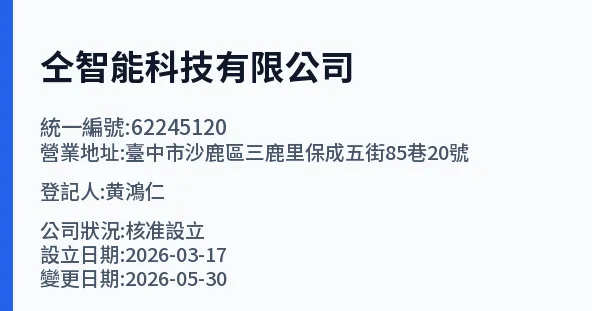 仝智能科技有限公司的照片-統編 62245120(臺中市) 公司登記資料與營業項目詳細圖表