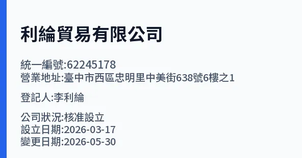 利綸貿易有限公司的照片-統編 62245178(臺中市) 公司登記資料與營業項目詳細圖表