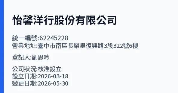 怡馨洋行股份有限公司的照片-統編 62245228(臺中市) 公司登記資料與營業項目詳細圖表