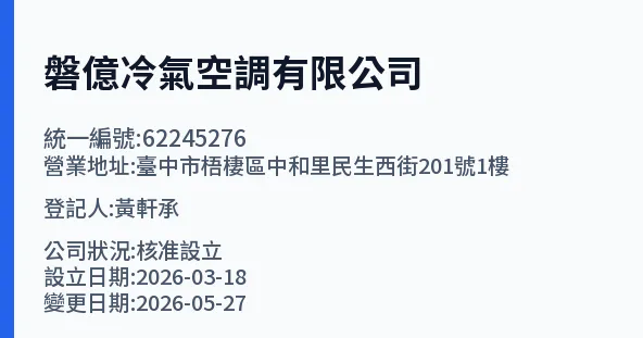 磐億冷氣空調有限公司的照片-統編 62245276(臺中市) 公司登記資料與營業項目詳細圖表
