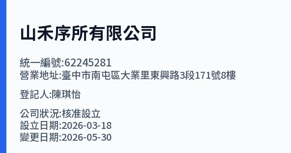 山禾序所有限公司的照片-統編 62245281(臺中市) 公司登記資料與營業項目詳細圖表