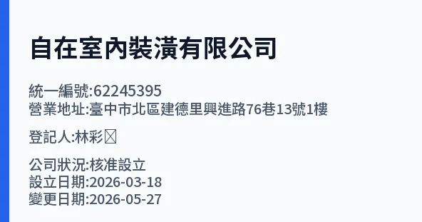 自在室內裝潢有限公司的照片-統編 62245395(臺中市) 公司登記資料與營業項目詳細圖表