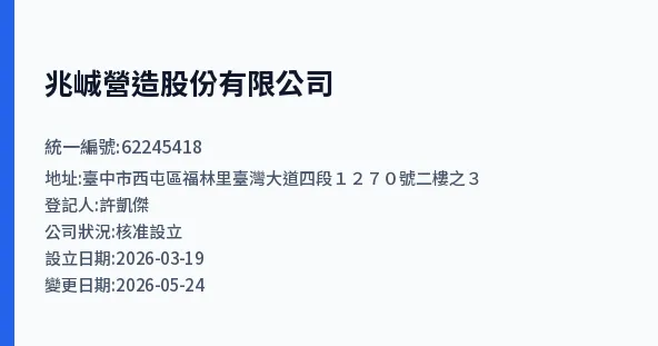 兆峸營造股份有限公司的照片-統編 62245418(臺中市) 公司登記資料與營業項目詳細圖表