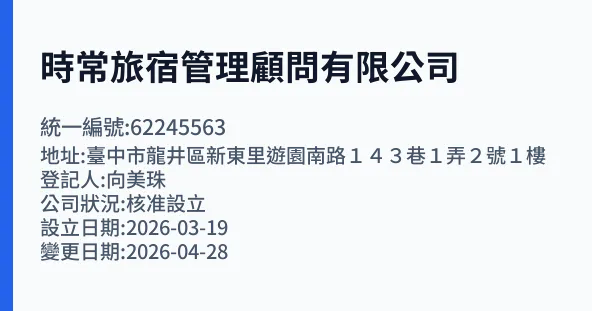 時常旅宿管理顧問有限公司的照片-統編 62245563(臺中市) 公司登記資料與營業項目詳細圖表