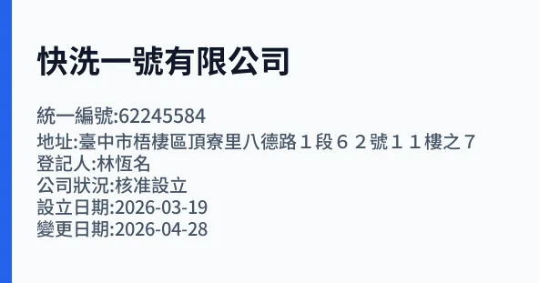 快洗一號有限公司的照片-統編 62245584(臺中市) 公司登記資料與營業項目詳細圖表