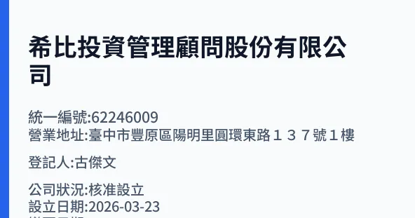 希比投資管理顧問股份有限公司的照片-統編 62246009(臺中市) 公司登記資料與營業項目詳細圖表