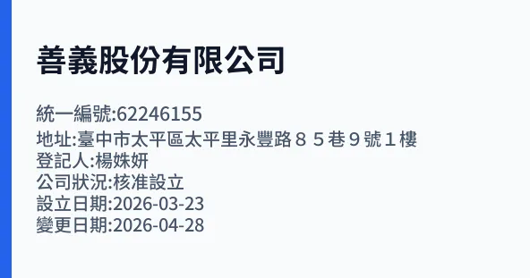 善義股份有限公司的照片-統編 62246155(臺中市) 公司登記資料與營業項目詳細圖表