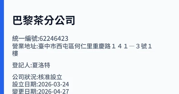 巴黎茶分公司的照片-統編 62246423(臺中市) 公司登記資料與營業項目詳細圖表