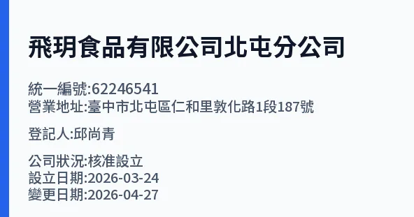 飛玥食品有限公司北屯分公司的照片-統編 62246541(臺中市) 公司登記資料與營業項目詳細圖表