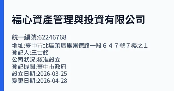 福心資產管理與投資有限公司的照片-統編 62246768(臺中市) 公司登記資料與營業項目詳細圖表