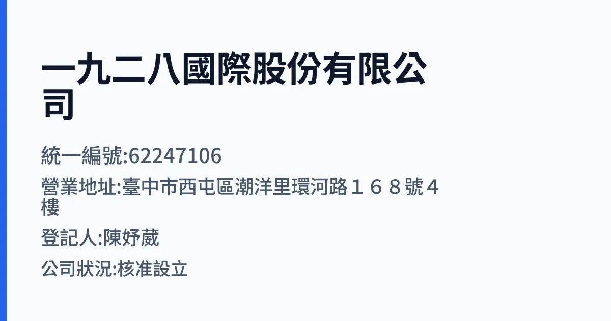 一九二八國際股份有限公司 - 統編 62247106(臺中市) 公司登記資料與營業項目詳細圖表