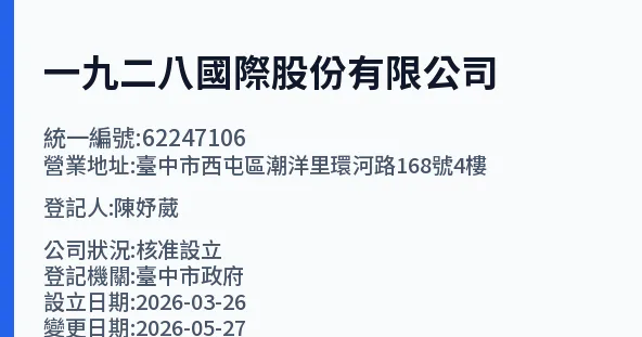 一九二八國際股份有限公司的照片-統編 62247106(臺中市) 公司登記資料與營業項目詳細圖表