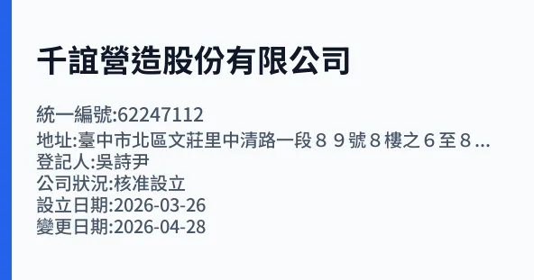 千誼營造股份有限公司的照片-統編 62247112(臺中市) 公司登記資料與營業項目詳細圖表
