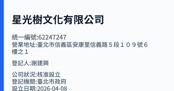 星光樹文化有限公司的照片-統編 62247247(臺北市) 公司登記資料與營業項目詳細圖表