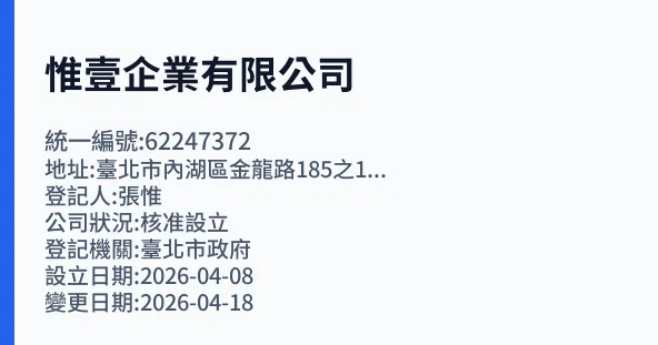 惟壹企業有限公司的照片-統編 62247372(臺北市) 公司登記資料與營業項目詳細圖表