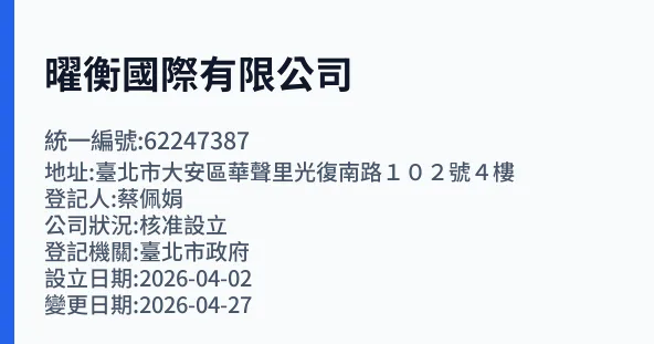 曜衡國際有限公司的照片-統編 62247387(臺北市) 公司登記資料與營業項目詳細圖表