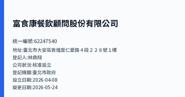 富食康餐飲顧問股份有限公司的照片-統編 62247540(臺北市) 公司登記資料與營業項目詳細圖表