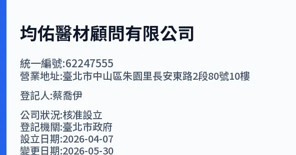 均佑醫材顧問有限公司的照片-統編 62247555(臺北市) 公司登記資料與營業項目詳細圖表