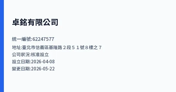 卓銘有限公司的照片-統編 62247577(臺北市) 公司登記資料與營業項目詳細圖表
