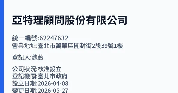 亞特理顧問股份有限公司的照片-統編 62247632(臺北市) 公司登記資料與營業項目詳細圖表