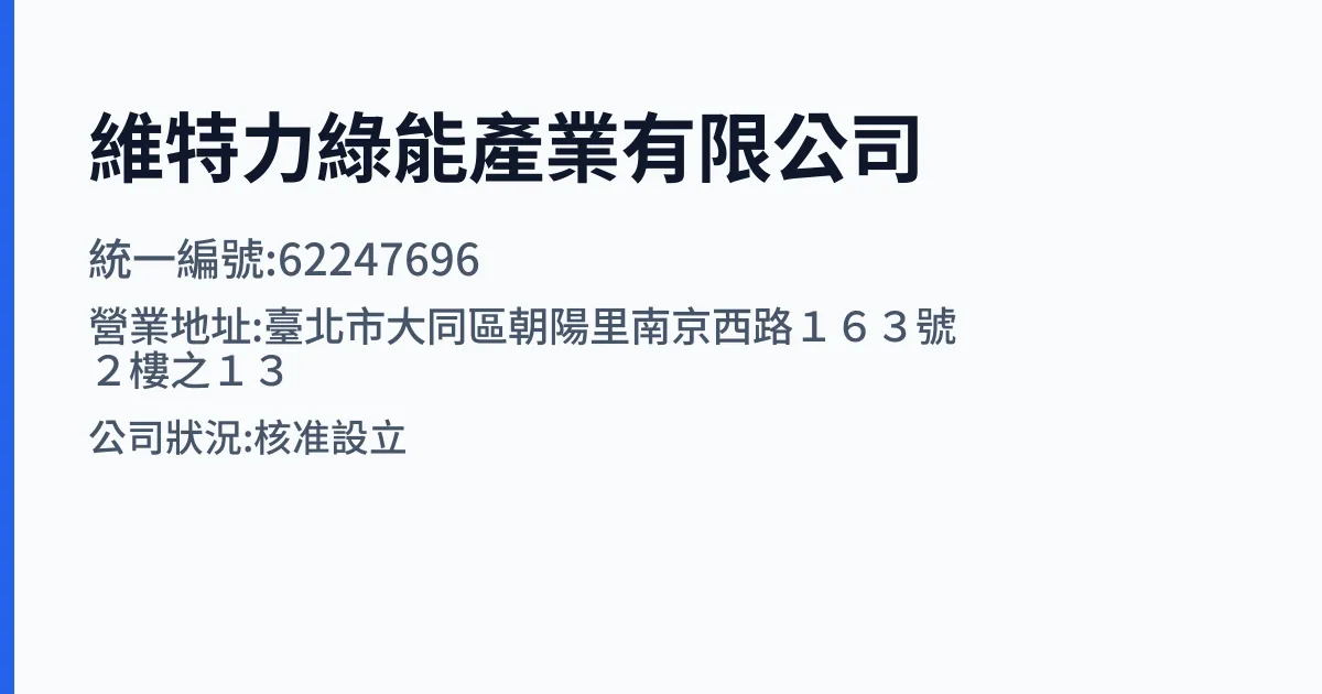 維特力綠能產業有限公司 - 統編 62247696(臺北市) 公司登記資料與營業項目詳細圖表