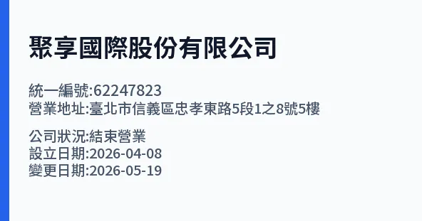 聚享國際股份有限公司的照片-統編 62247823(臺北市) 公司登記資料與營業項目詳細圖表
