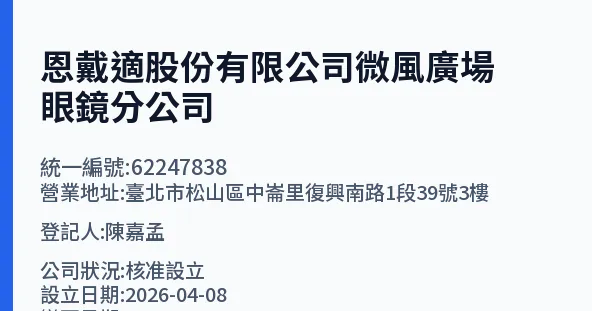 恩戴適股份有限公司微風廣場眼鏡分公司的照片-統編 62247838(臺北市) 公司登記資料與營業項目詳細圖表