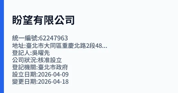 盼望有限公司的照片-統編 62247963(臺北市) 公司登記資料與營業項目詳細圖表