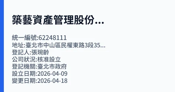 築藝資產管理股份有限公司的照片-統編 62248111(臺北市) 公司登記資料與營業項目詳細圖表