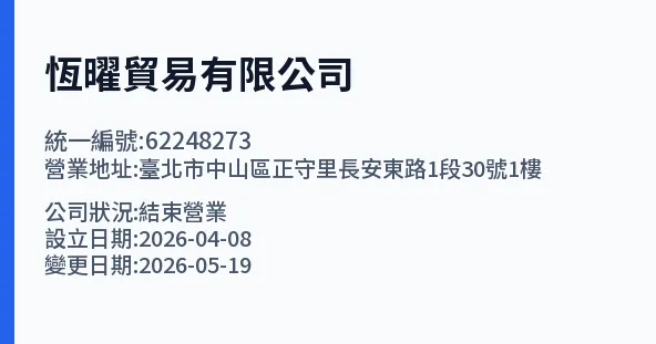 恆曜貿易有限公司的照片-統編 62248273(臺北市) 公司登記資料與營業項目詳細圖表