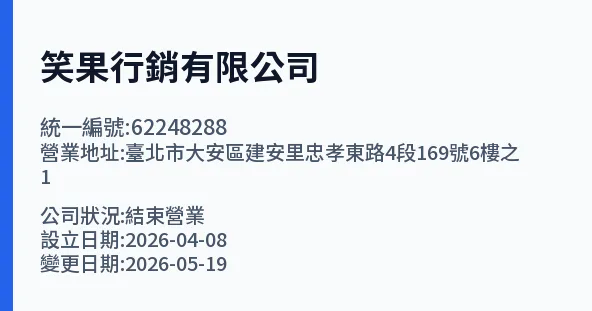 笑果行銷有限公司的照片-統編 62248288(臺北市) 公司登記資料與營業項目詳細圖表