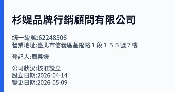 杉媞品牌行銷顧問有限公司的照片-統編 62248506(臺北市) 公司登記資料與營業項目詳細圖表