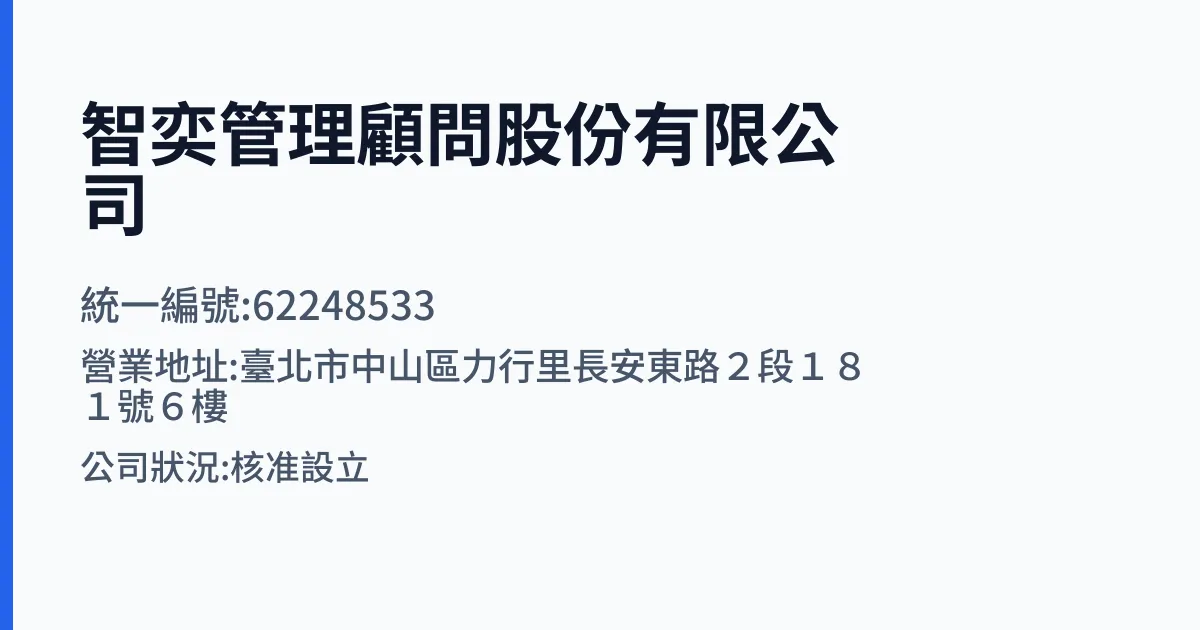 智奕管理顧問股份有限公司 - 統編 62248533(臺北市) 公司登記資料與營業項目詳細圖表