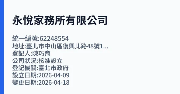 永悅家務所有限公司的照片-統編 62248554(臺北市) 公司登記資料與營業項目詳細圖表