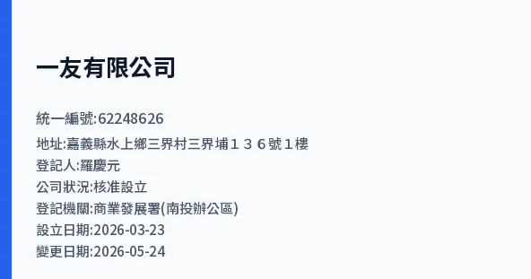 一友有限公司的照片-統編 62248626(嘉義縣) 公司登記資料與營業項目詳細圖表