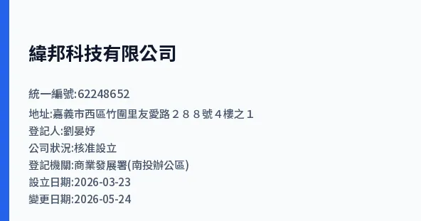 緯邦科技有限公司的照片-統編 62248652(嘉義市) 公司登記資料與營業項目詳細圖表