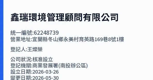 鑫瑞環境管理顧問有限公司的照片-統編 62248739(宜蘭縣) 公司登記資料與營業項目詳細圖表