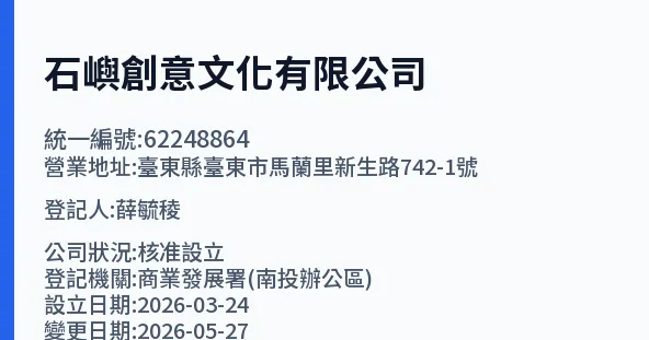 石嶼創意文化有限公司的照片-統編 62248864(臺東縣) 公司登記資料與營業項目詳細圖表